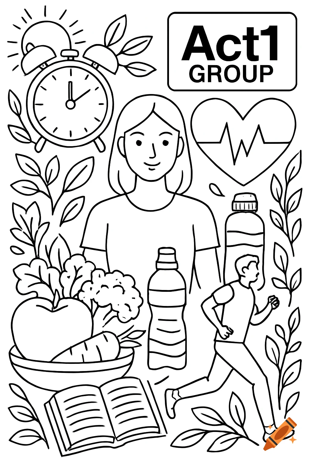 Line art coloring page showing various healthy lifestyle elements like ...