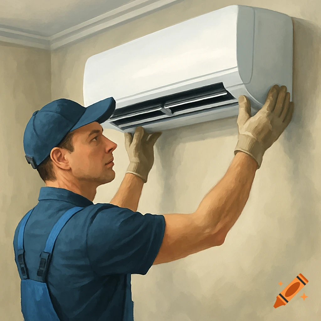 Stylized image of a man in work clothes installing an air conditioner ...
