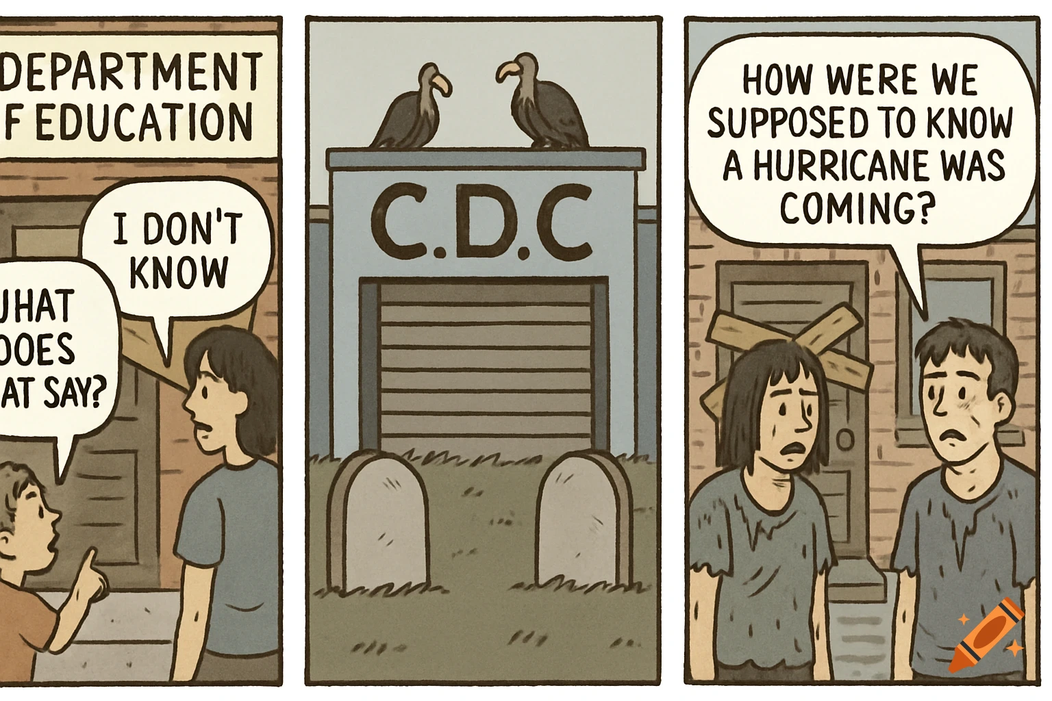 Three panel comic: child asks about text on 'DEPARTMENT OF EDUCATION ...