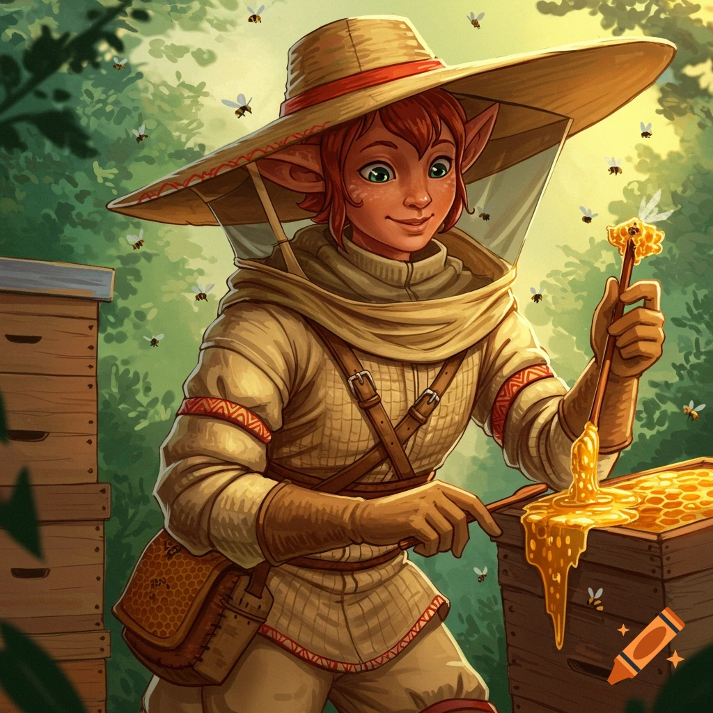 Fantasy character in beekeeper suit with beehives and honey on Craiyon