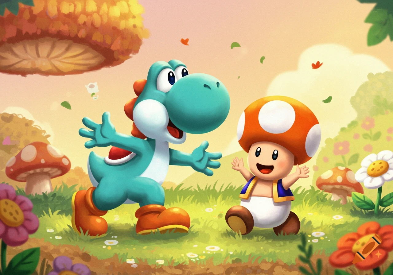A teal Yoshi and an orange Toad stand happily in a bright, colorful ...