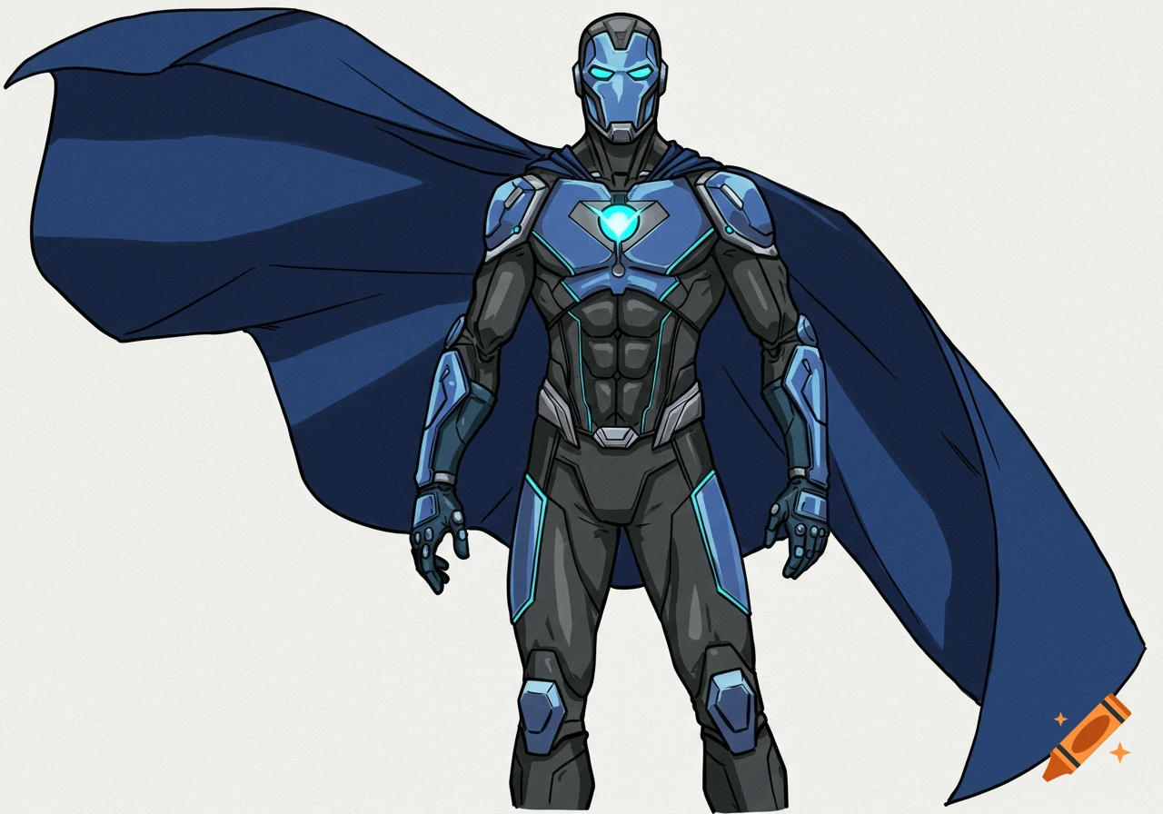 Stylized superhero in a dark suit with blue armor accents and a flowing ...