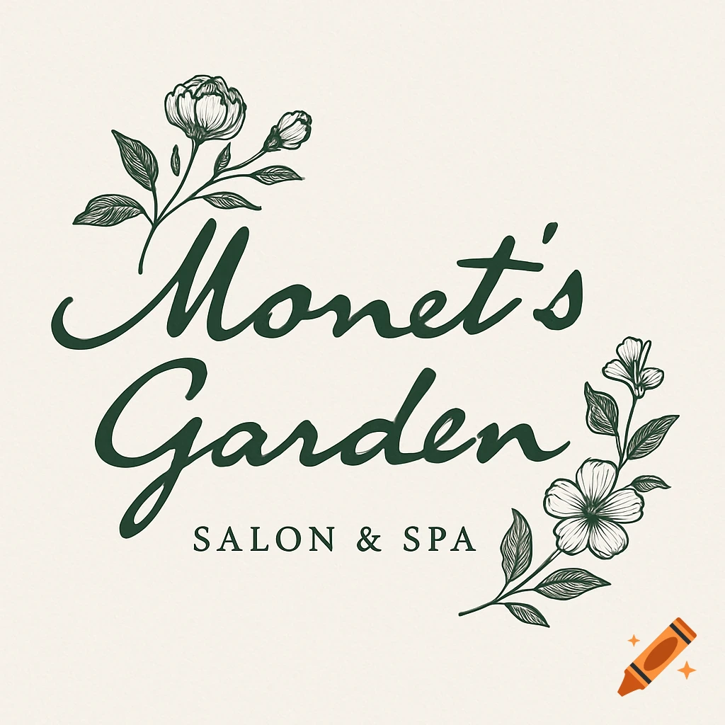 A logo for Monet's Garden Salon & Spa with script text and floral ...