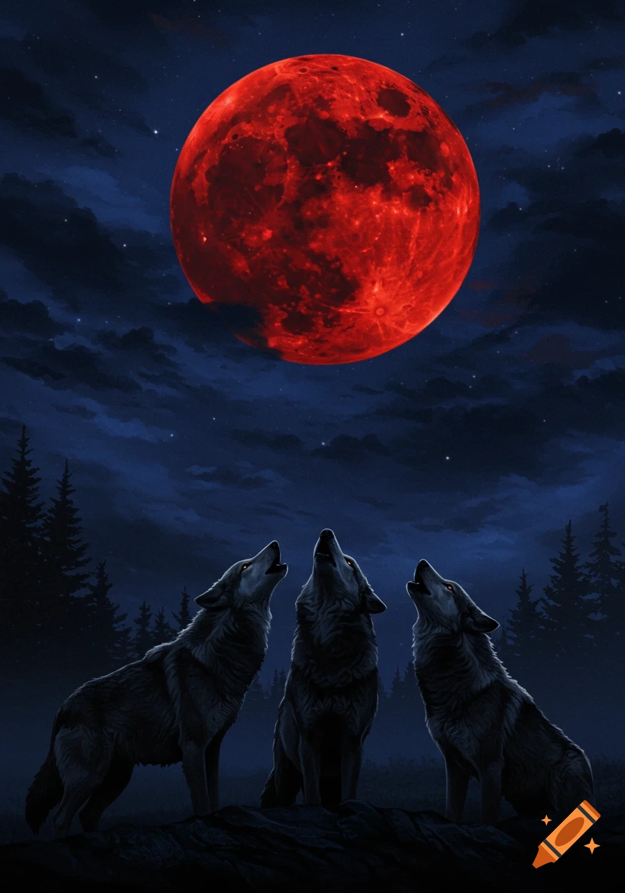 Three wolves howl at a large red moon in a forest at night. on Craiyon