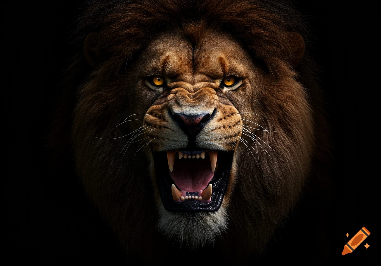 Ultra-realistic close-up of a roaring lion with intense eyes on a dark ...