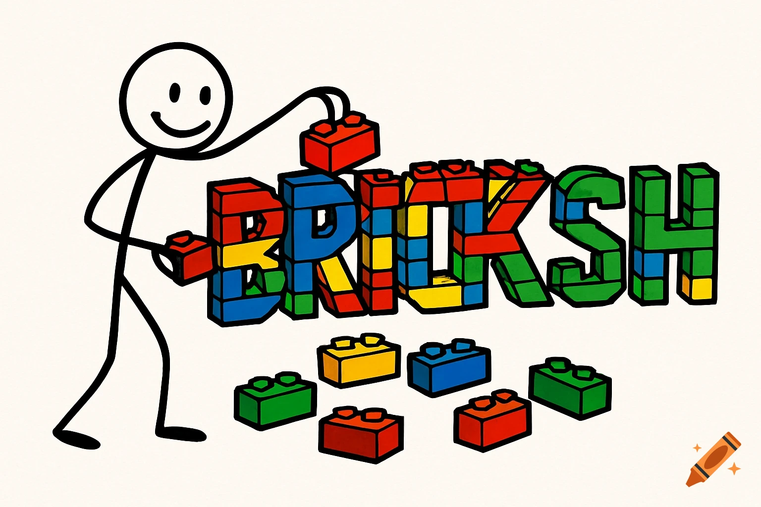 Stick figure building word BRICKISH out of colorful Lego bricks with ...