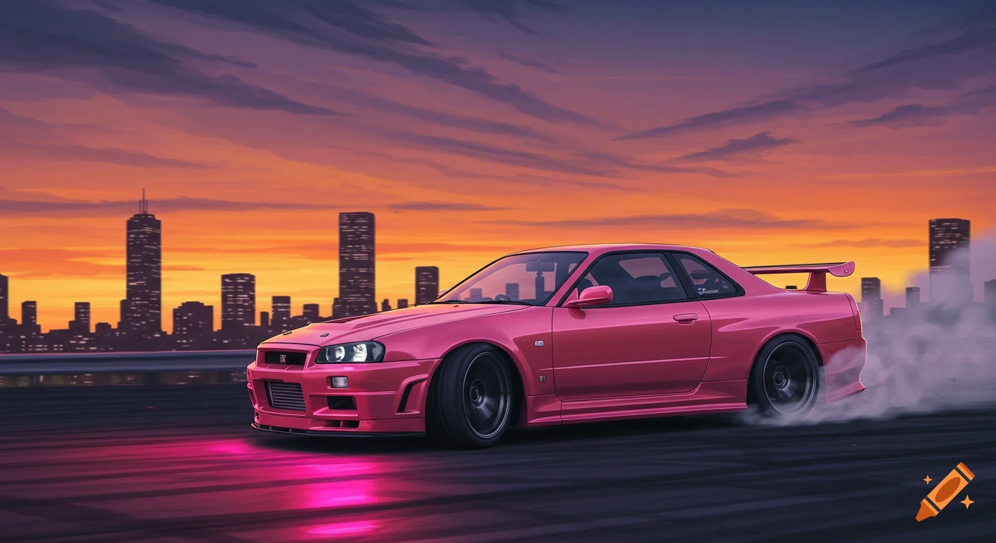 Pink Nissan Skyline R34 drifting in a city during a retro sunset, digital painting style. on Craiyon