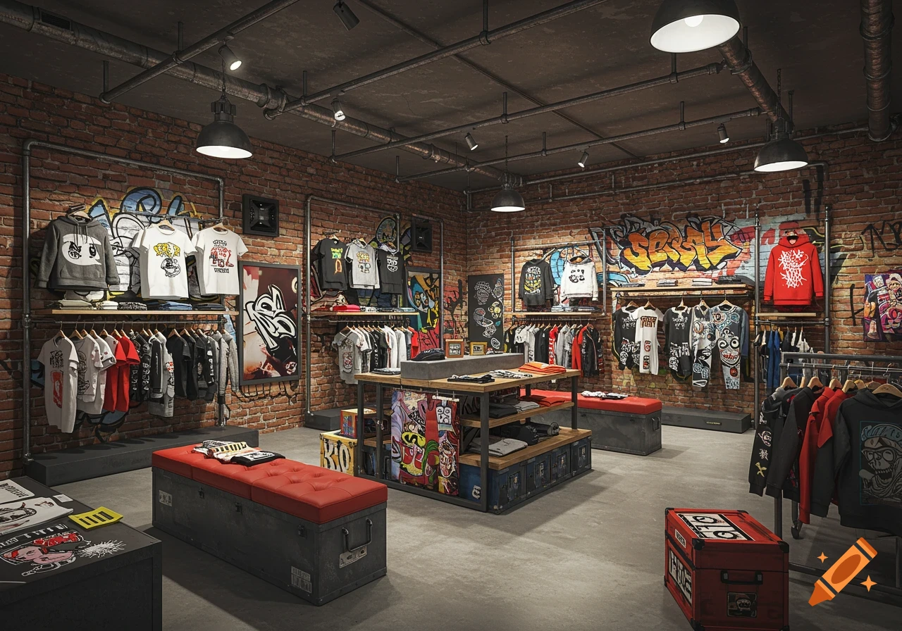 Streetwear clothing store interior with brick walls, graffiti art, pipe ...