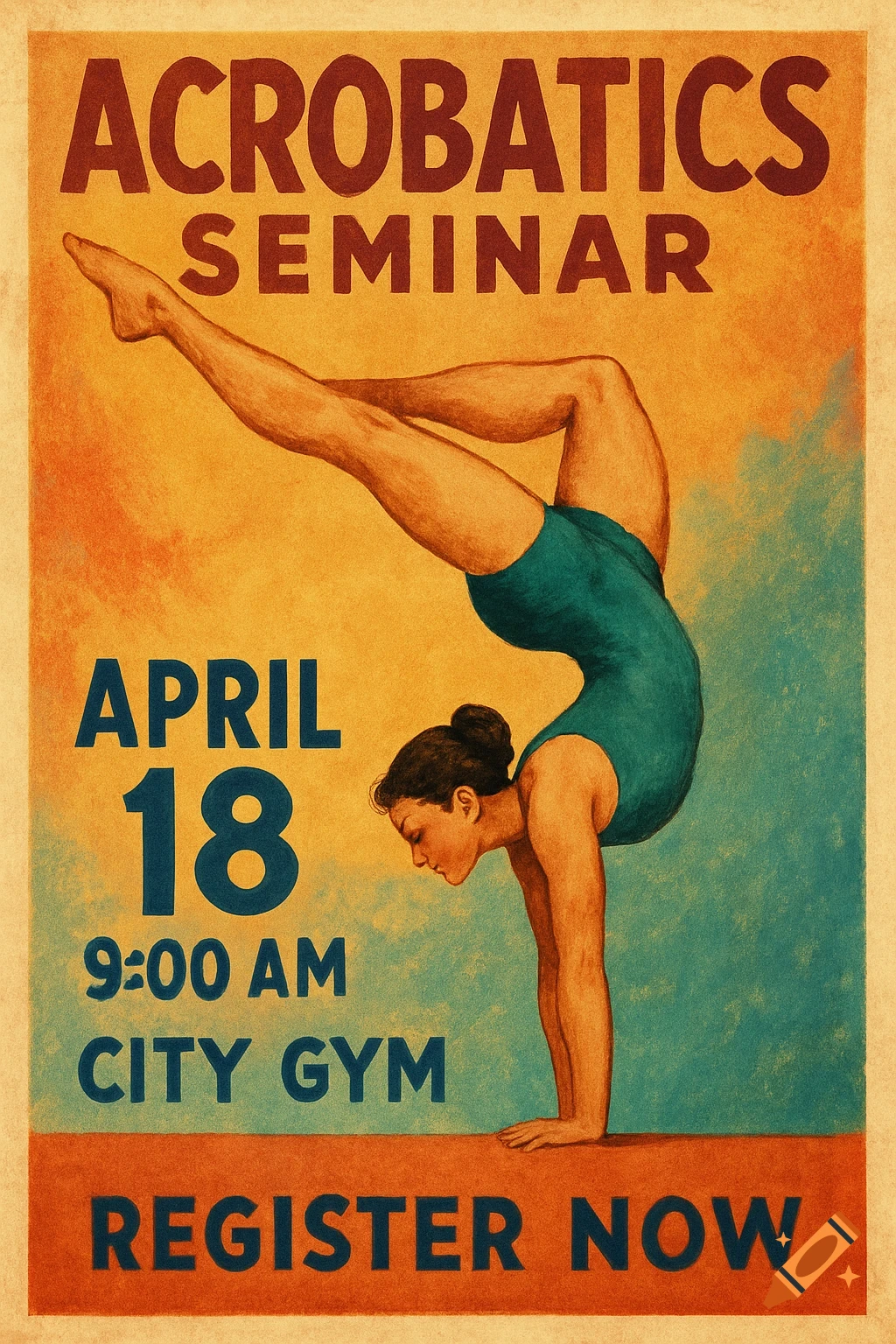 Vintage style poster for an acrobatics seminar featuring a woman in a ...