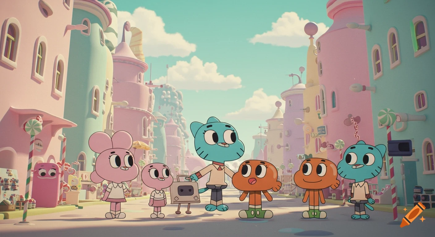 Characters from The Amazing World of Gumball stand on a street lined ...