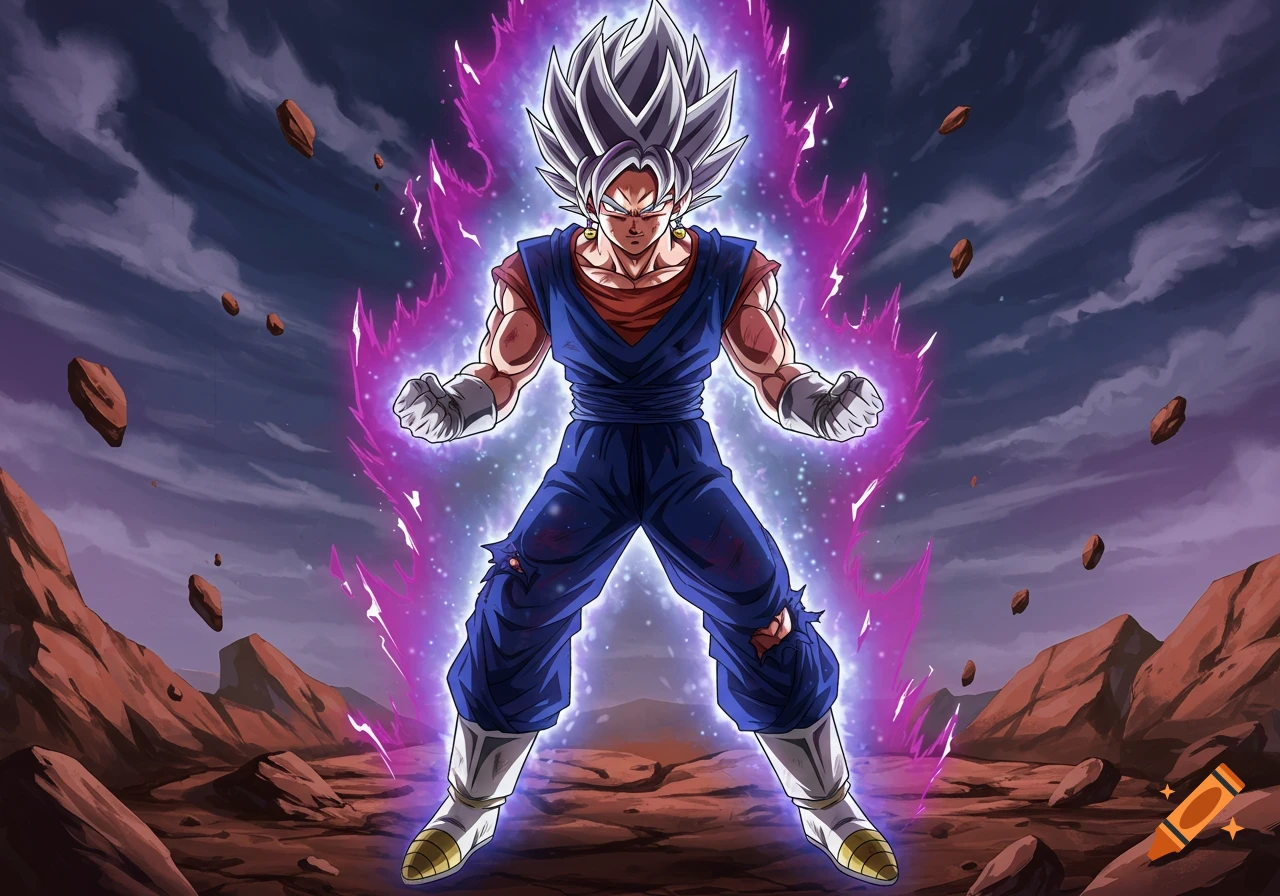 Anime-style character Vegito with purple aura in a fighting stance on ...