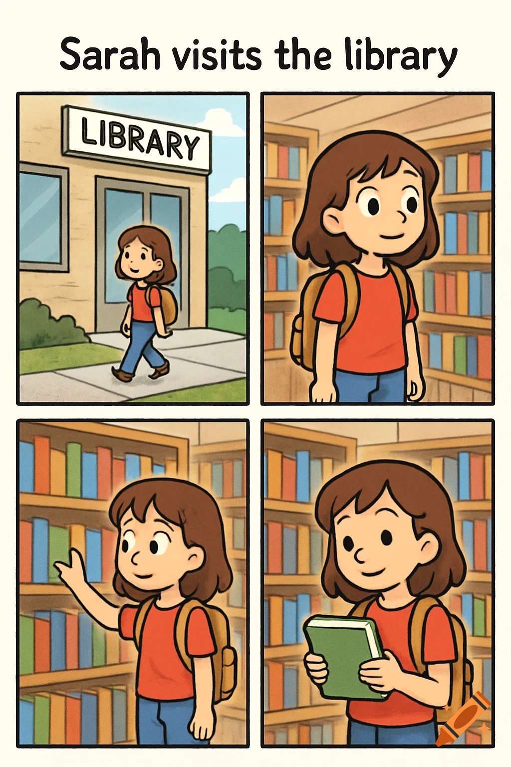 A four-panel comic strip shows a girl named Sarah visiting and reading ...