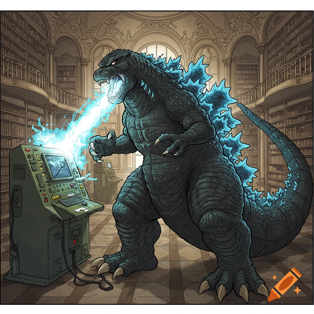 Godzilla breathing atomic breath at a computer console in a library ...