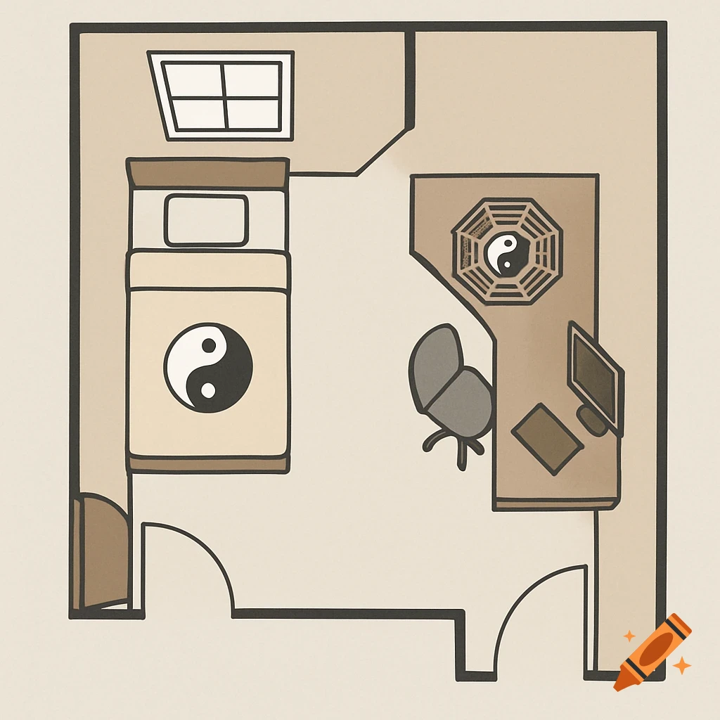 Top-down drawing of an L-shaped room floor plan with a bed, desk, and ...