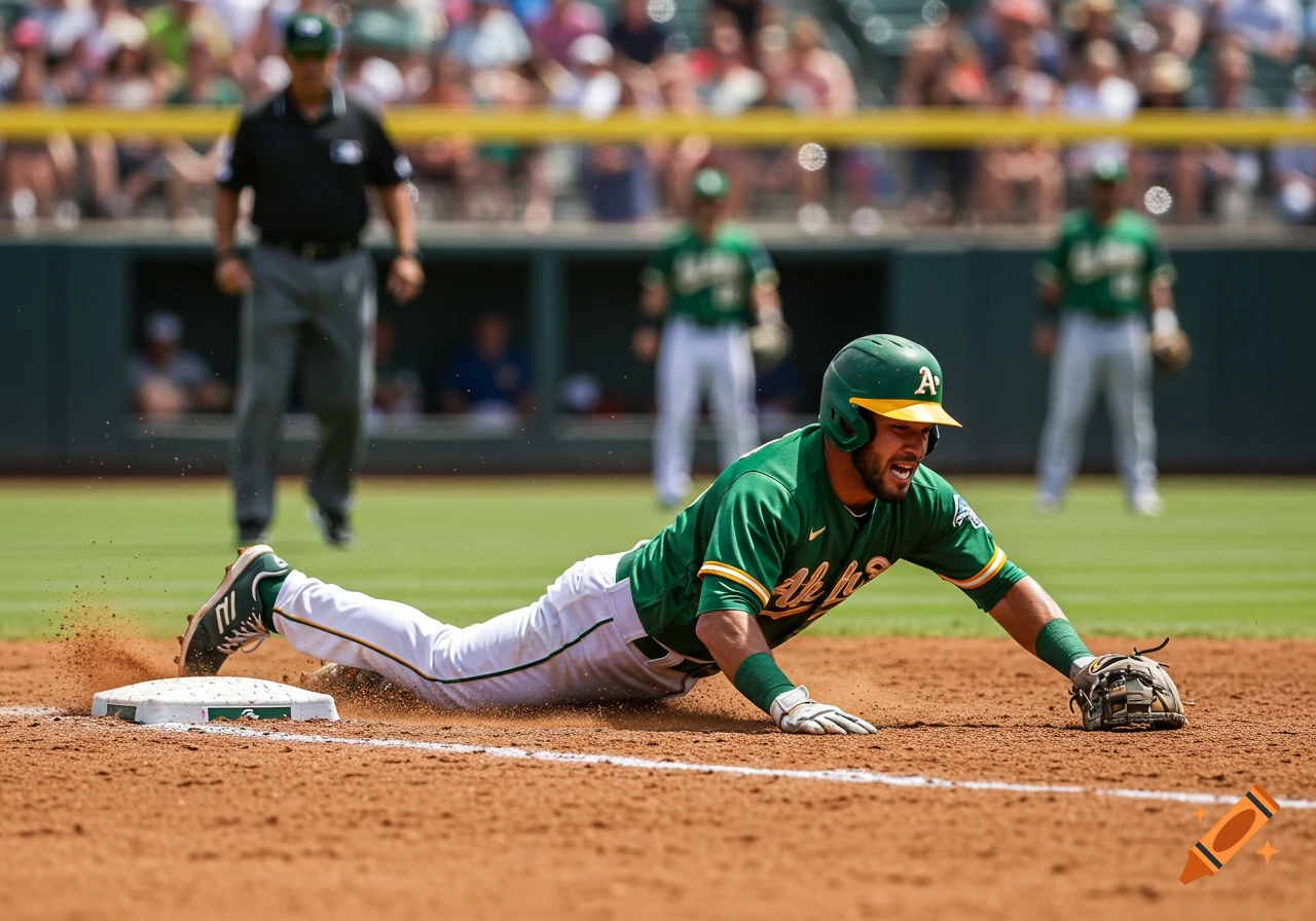 Baseball player in green sliding into base on sunny day on Craiyon