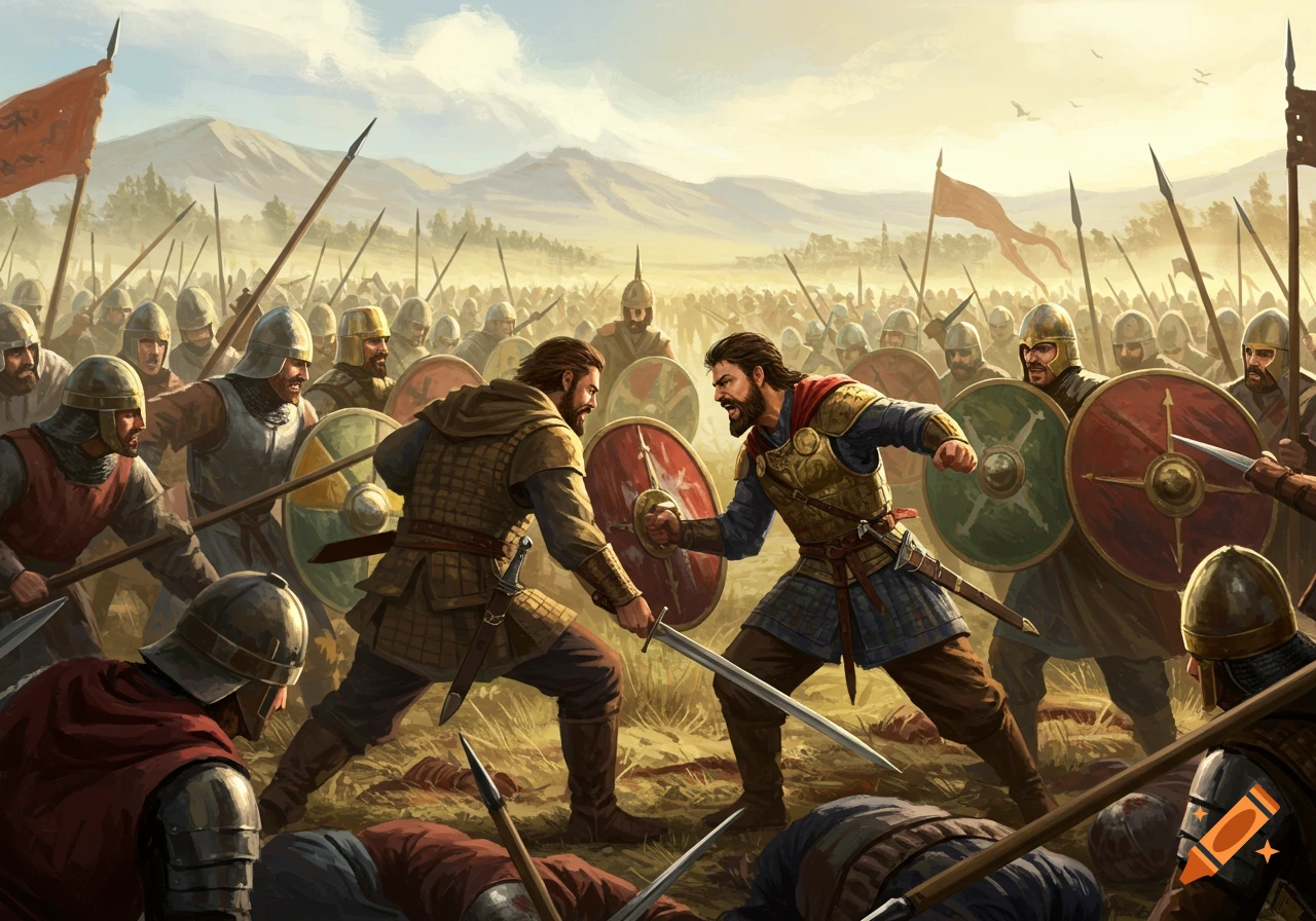Digital painting of a large historical or fantasy battle with two ...