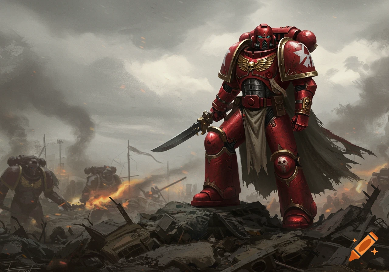 A red Warhammer 40k Space Marine stands on rubble with a sword, battle ...