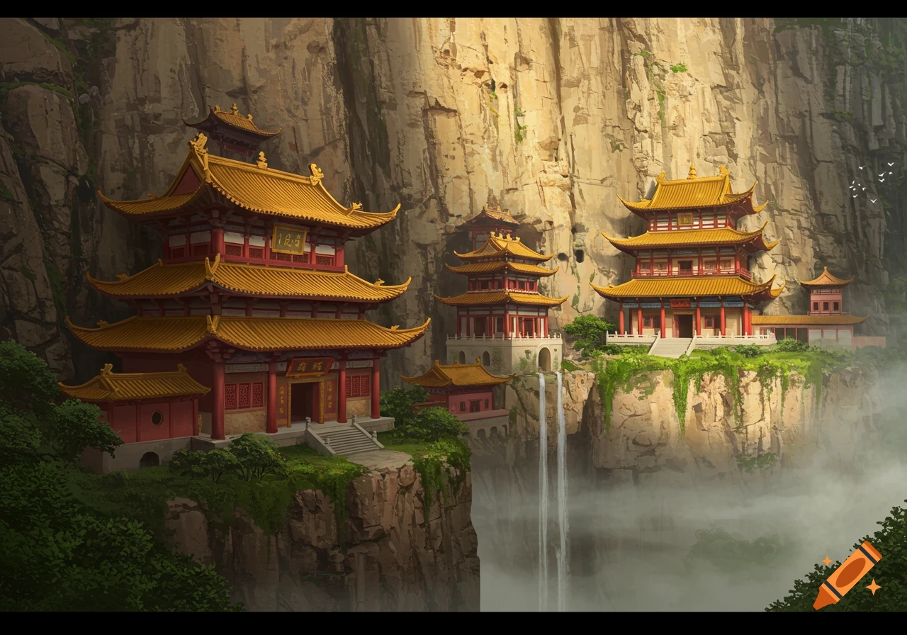 Traditional Chinese temples built into a cliffside with waterfalls and ...