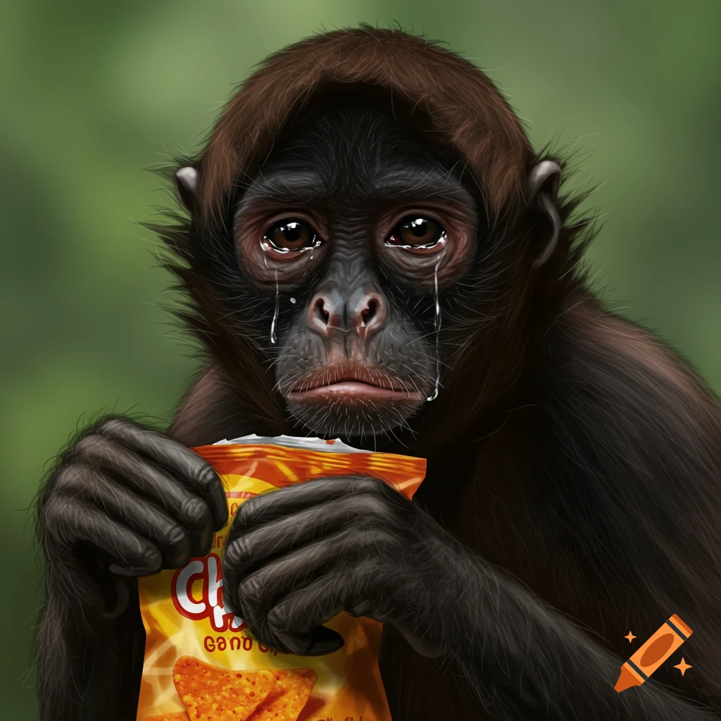 Realistic illustration of a crying spider monkey holding a bag of spicy ...