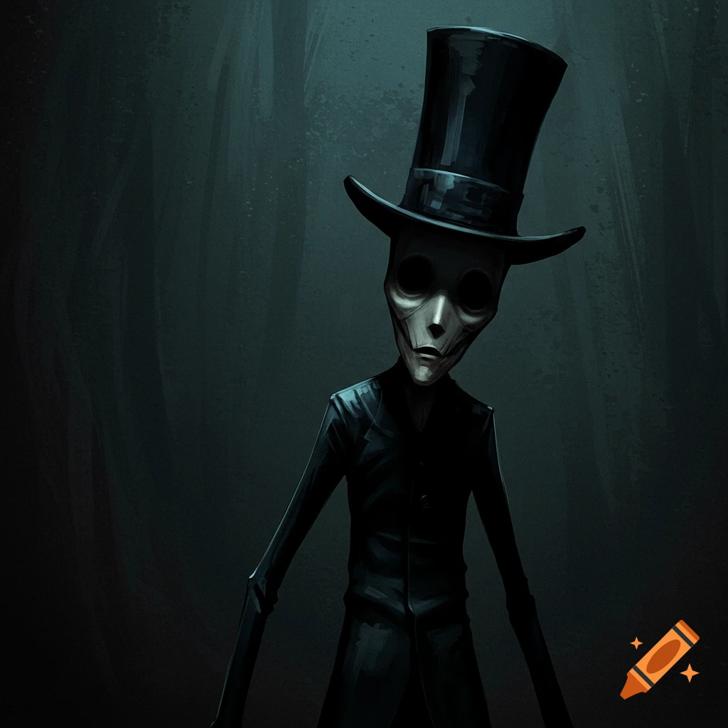 A creepy, thin figure in a top hat and suit stands in a dark forest. on ...