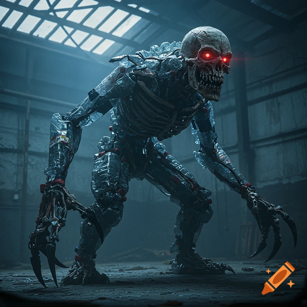A scary monster skeleton made of plastic bottles stands in a dark room ...