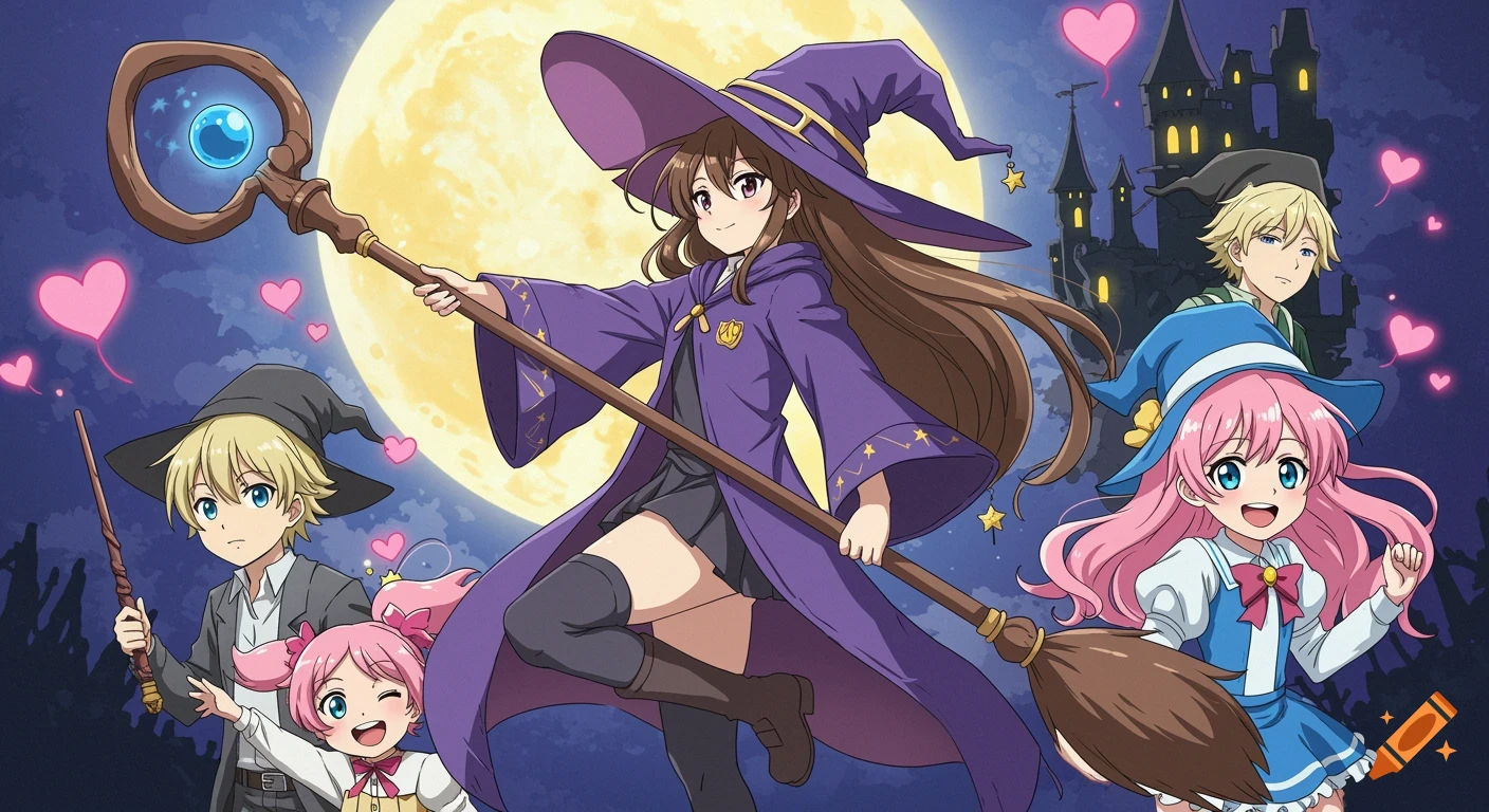 Anime illustration of several young witches and wizards in a magical ...