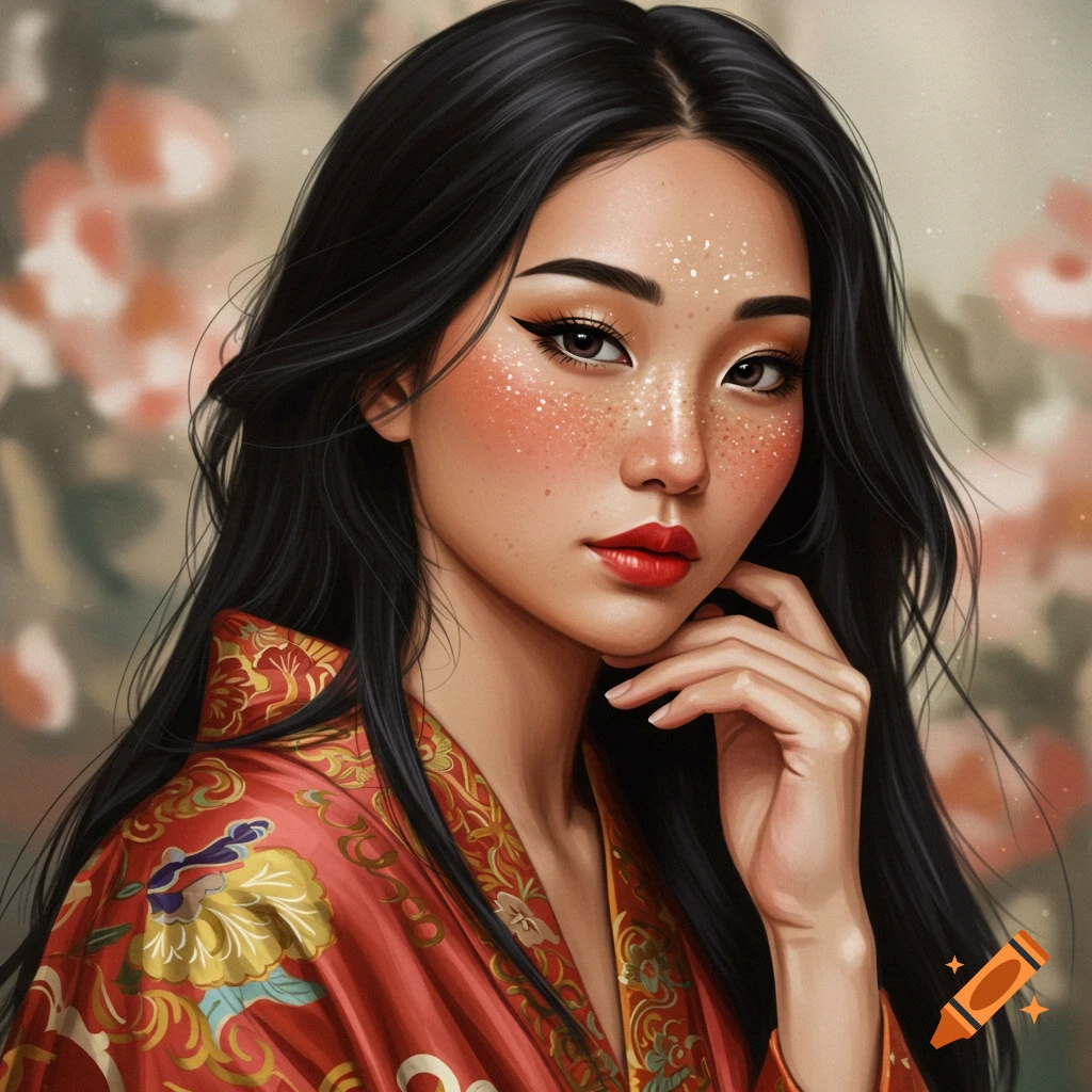 A digital painting of a beautiful woman in a red robe, with freckles ...