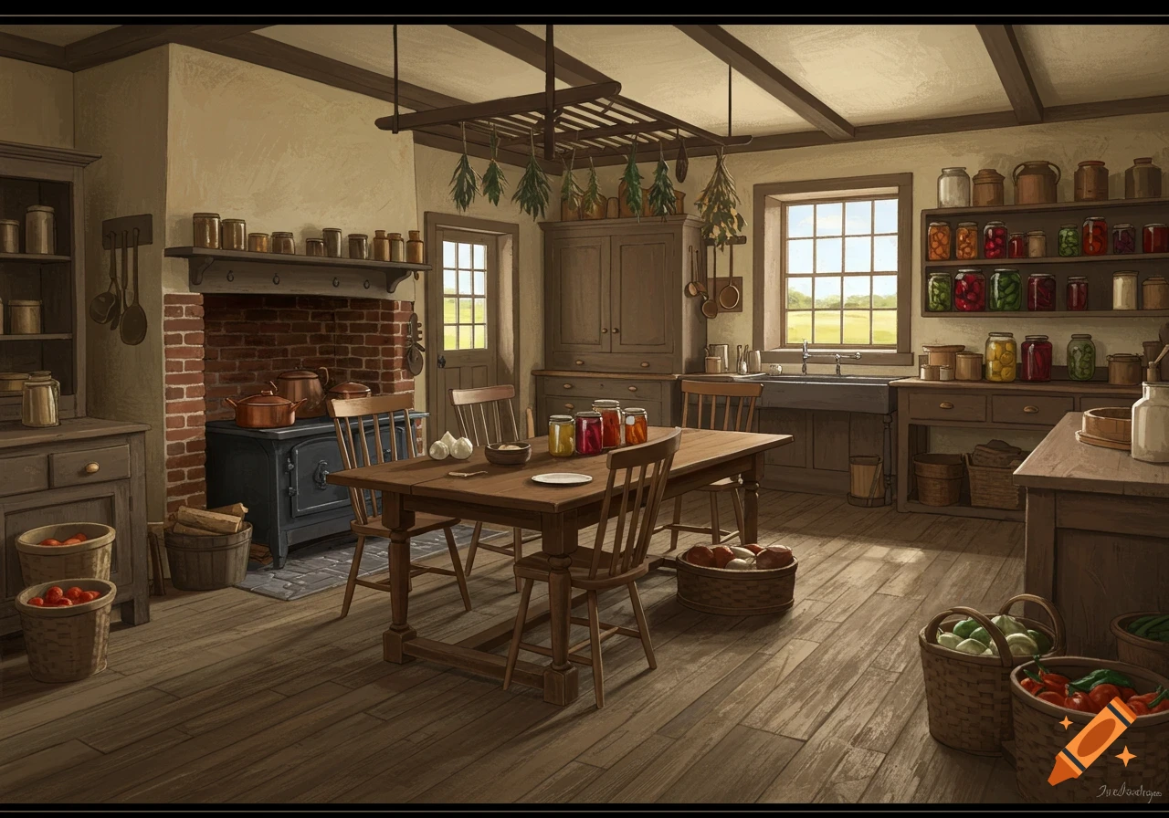 An 1850s farmhouse kitchen with a table, chairs, fireplace, stove, and ...