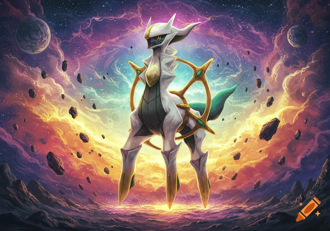 Arceus, the Pokemon god, stands in a cosmic landscape with planets ...