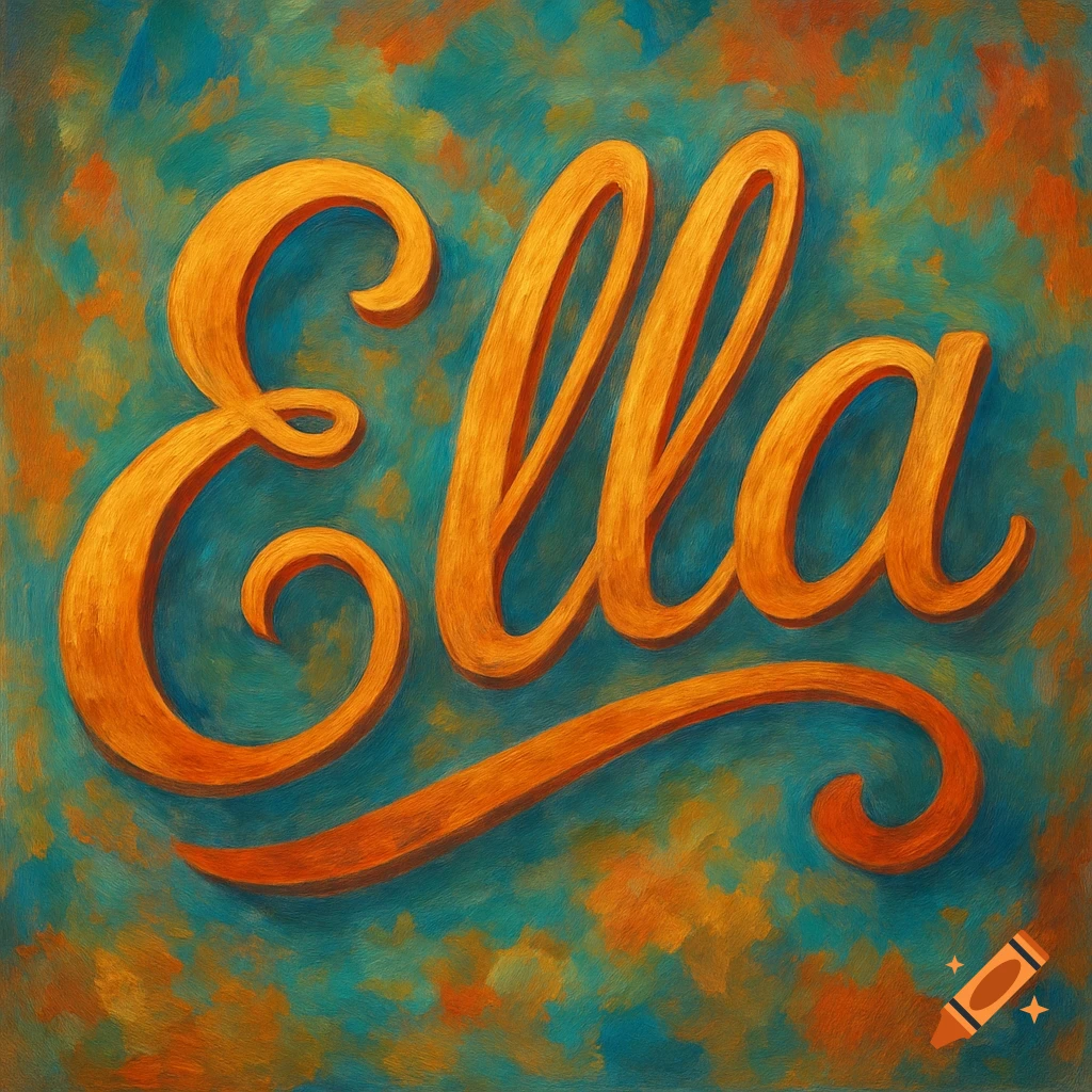 The name ELLA rendered in orange stylized text on a textured blue and ...