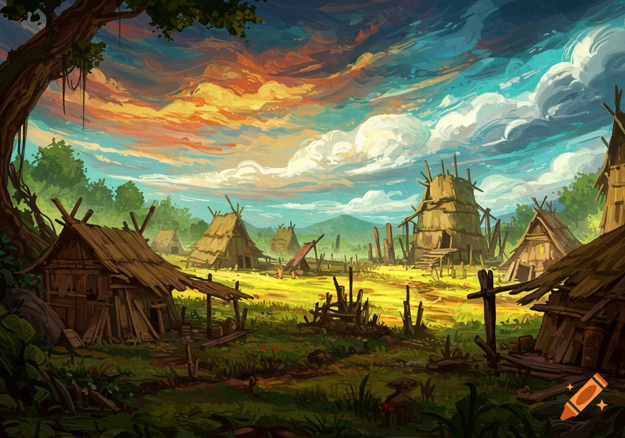Primitive village with thatched huts under a dramatic, colorful sky ...