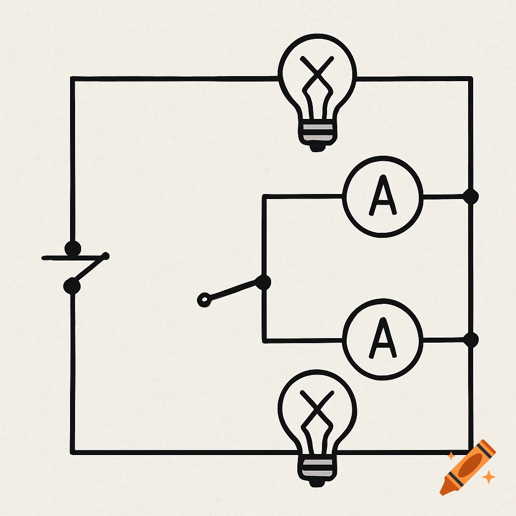 A simple diagram showing a parallel electrical circuit with a switch, two light bulbs, and two ...