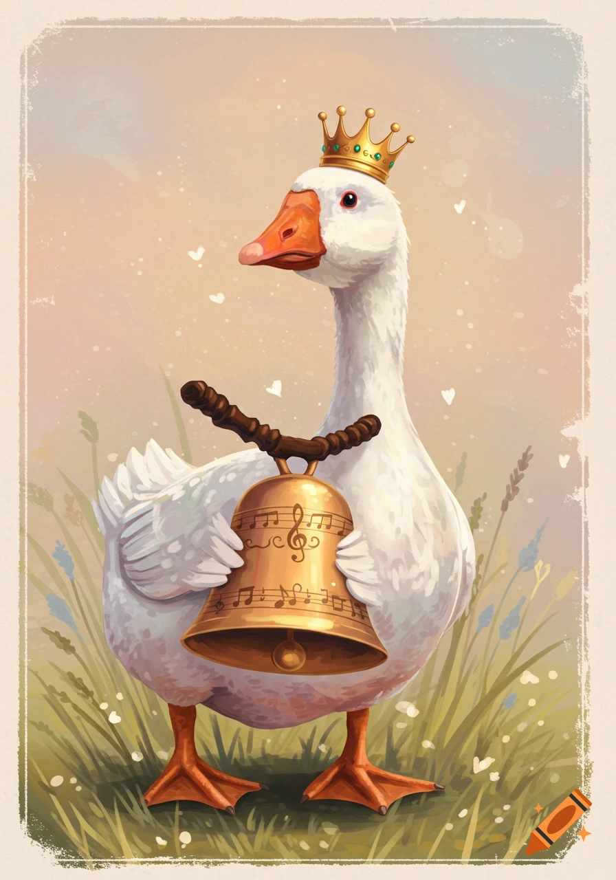 Illustration of a goose wearing a crown and holding a bell with musical ...