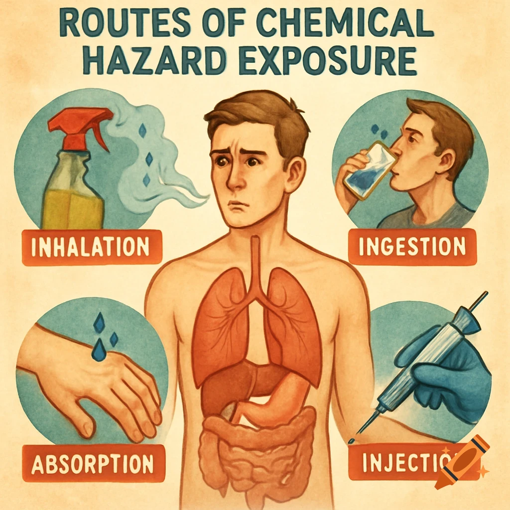 Infographic illustrating routes of chemical hazard exposure (inhalation ...
