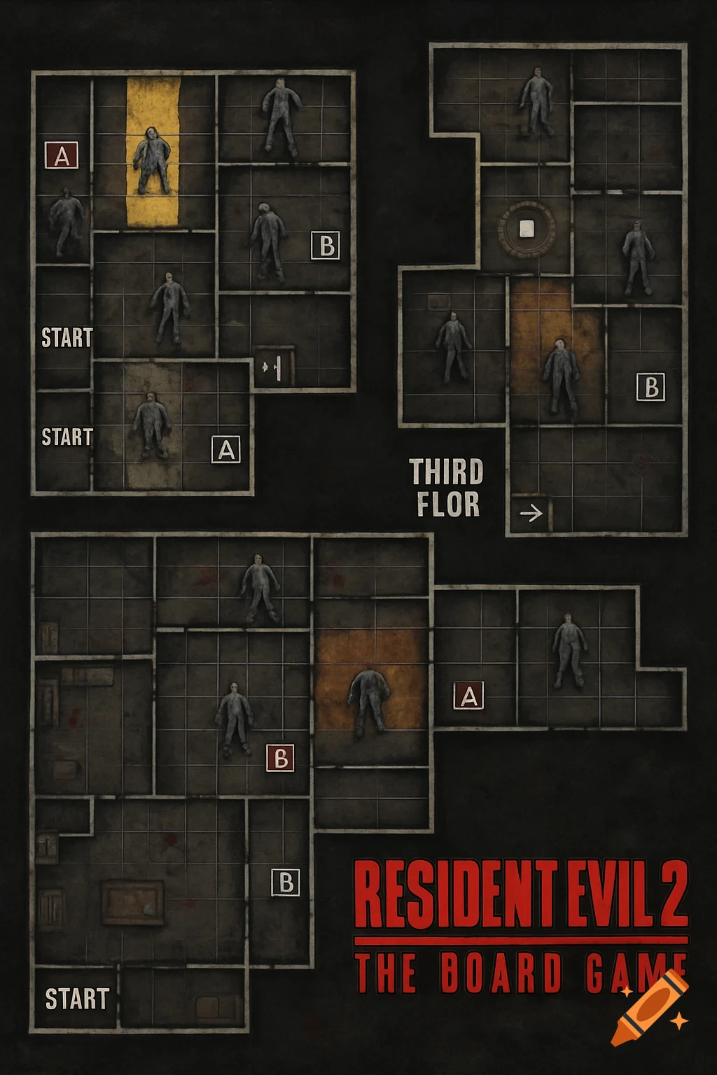 Board game map for Resident Evil 2 with room tiles, zombie figures, and ...