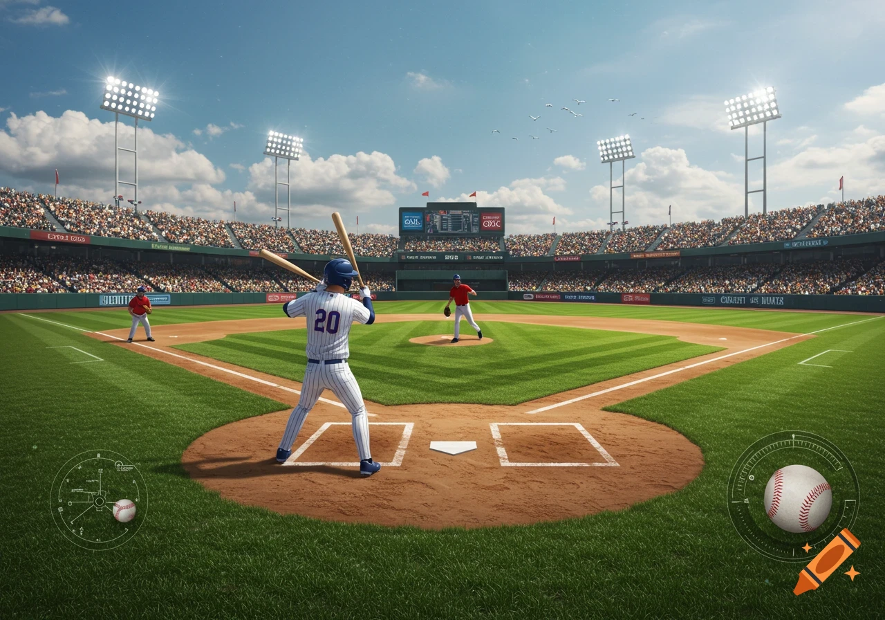 Batter at home plate mid-swing during a baseball game in a stadium ...
