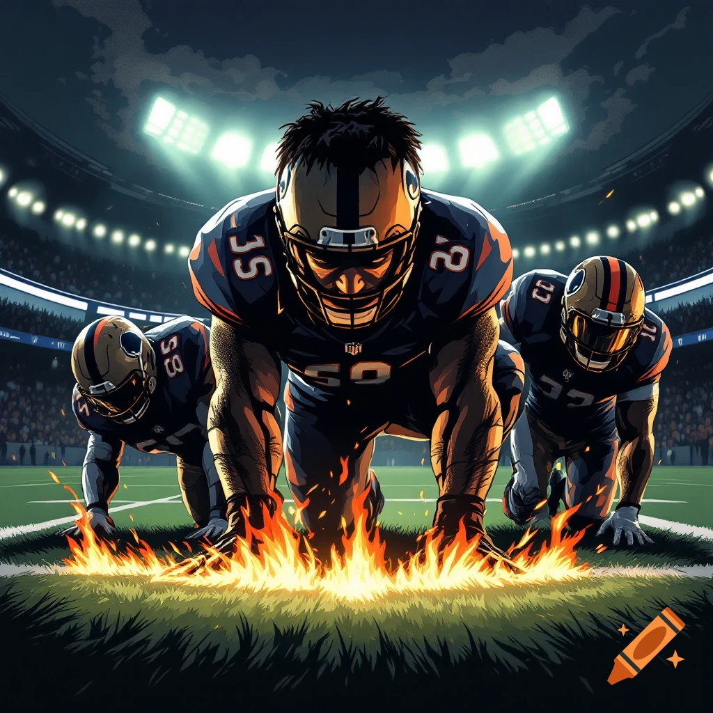Three football players in uniform crouch on a field with fire in front ...