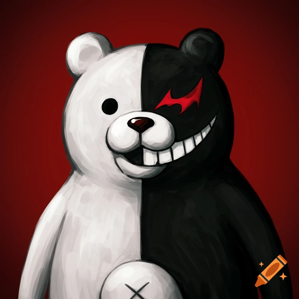 Close-up portrait of Monokuma, the half white half black bear character with a wide grin, from ...