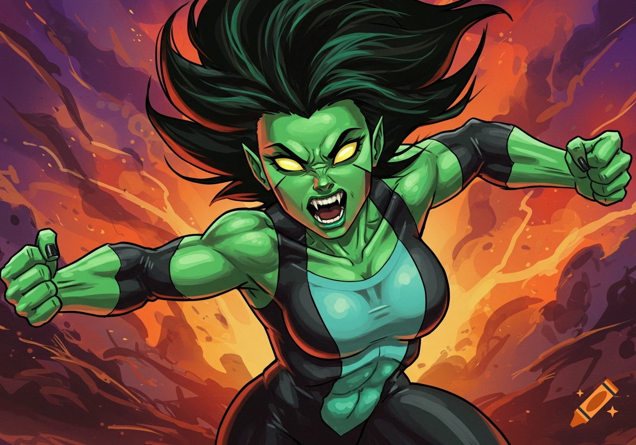 Muscular green monster girl with fangs and glowing eyes in an action ...