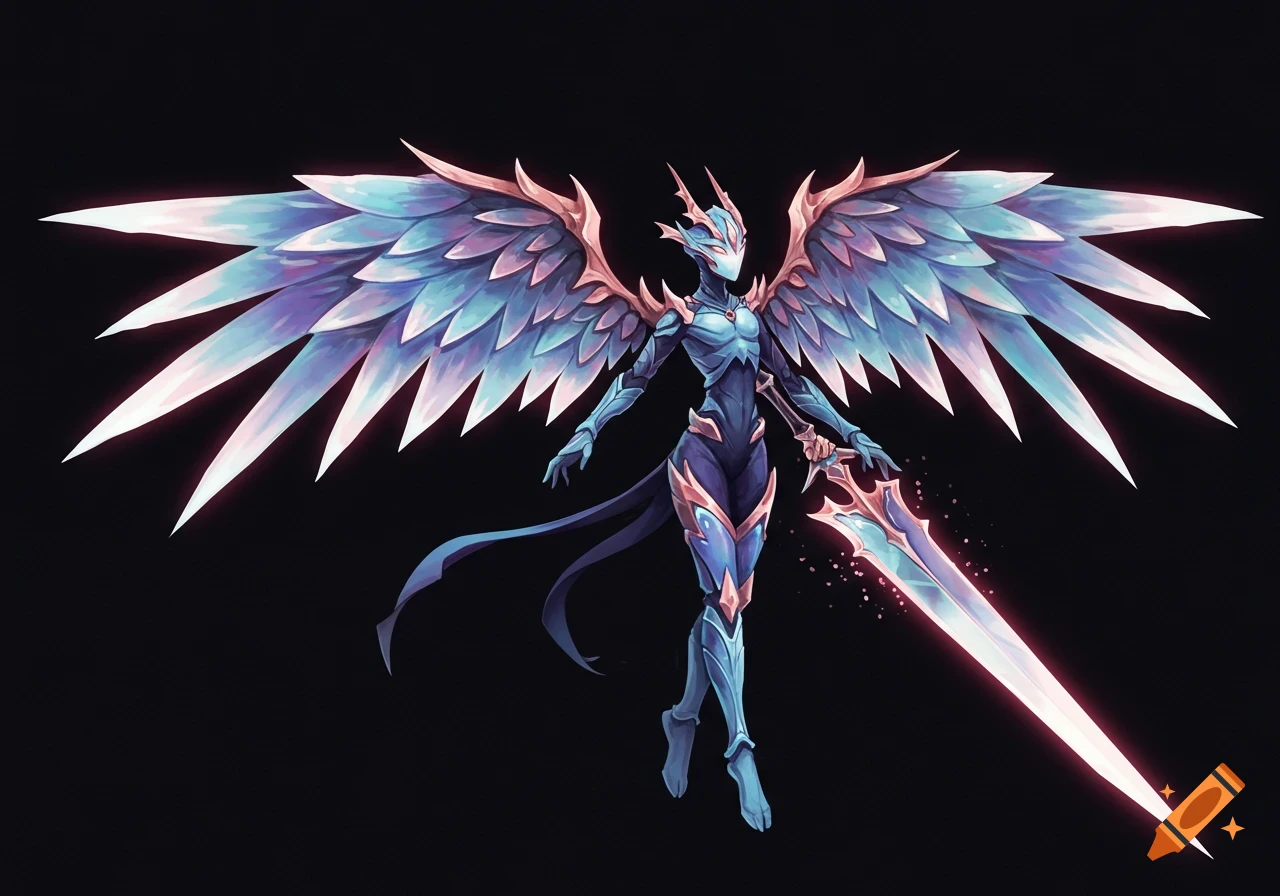 A winged fantasy character in blue and rose gold armor holds a glowing ...