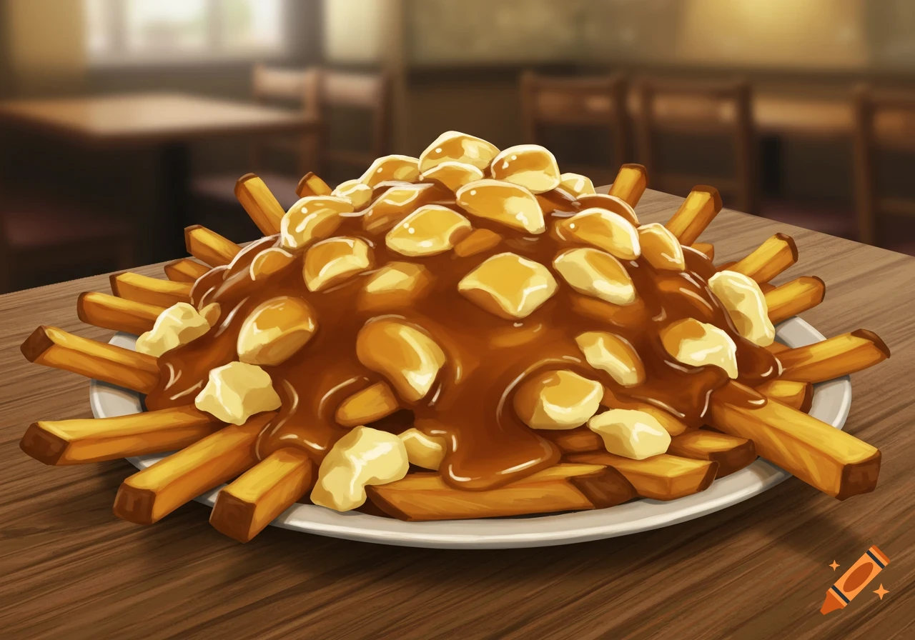 Large plate of poutine with fries, gravy, and cheese curds on a wooden ...