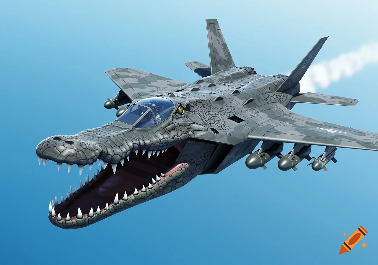 Military jet with a crocodile head and teeth, carrying bombs, flying in ...