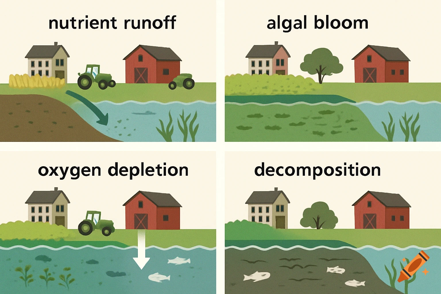 Four-panel diagram illustrating eutrophication: nutrient runoff, algal ...