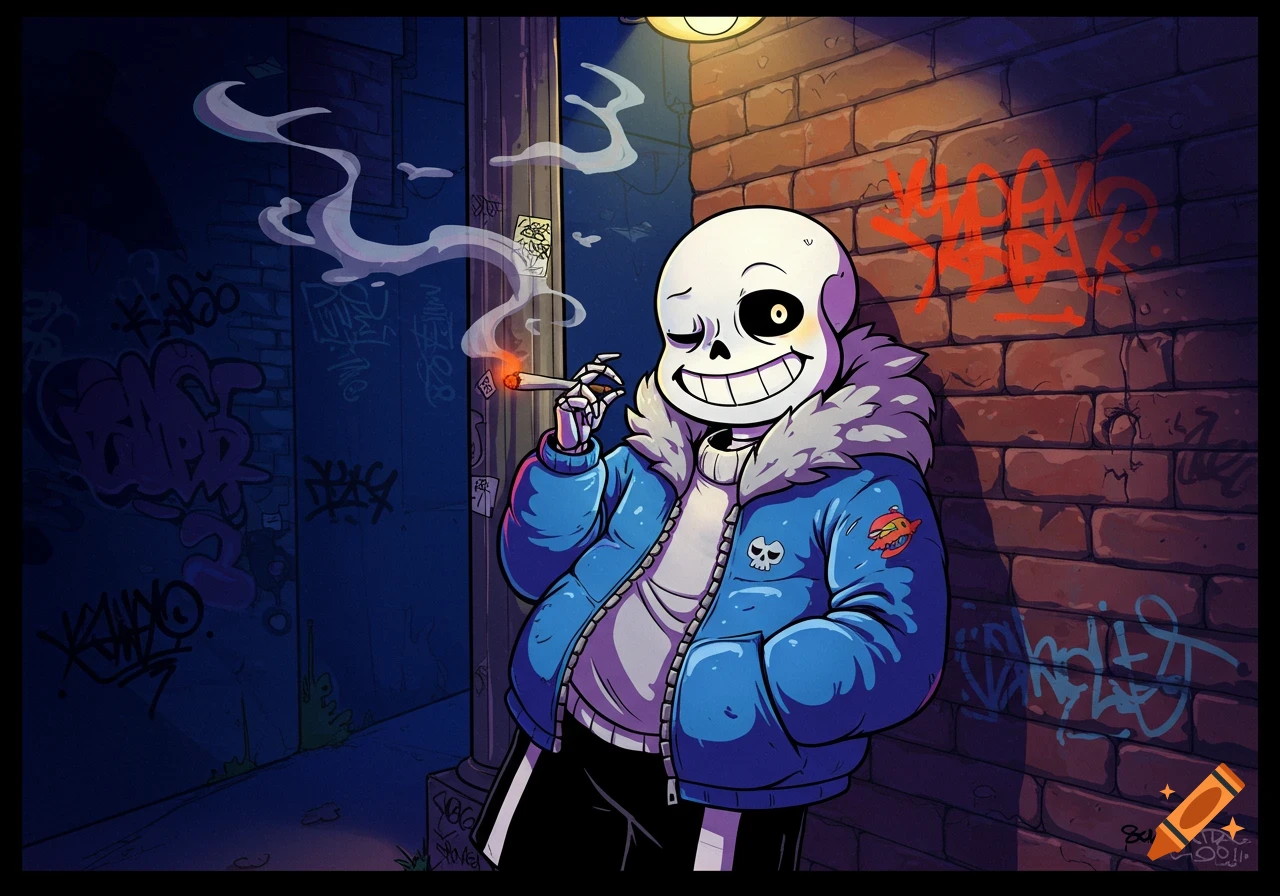 Cartoon skeleton character Sans smoking a blunt in a dark alley with ...