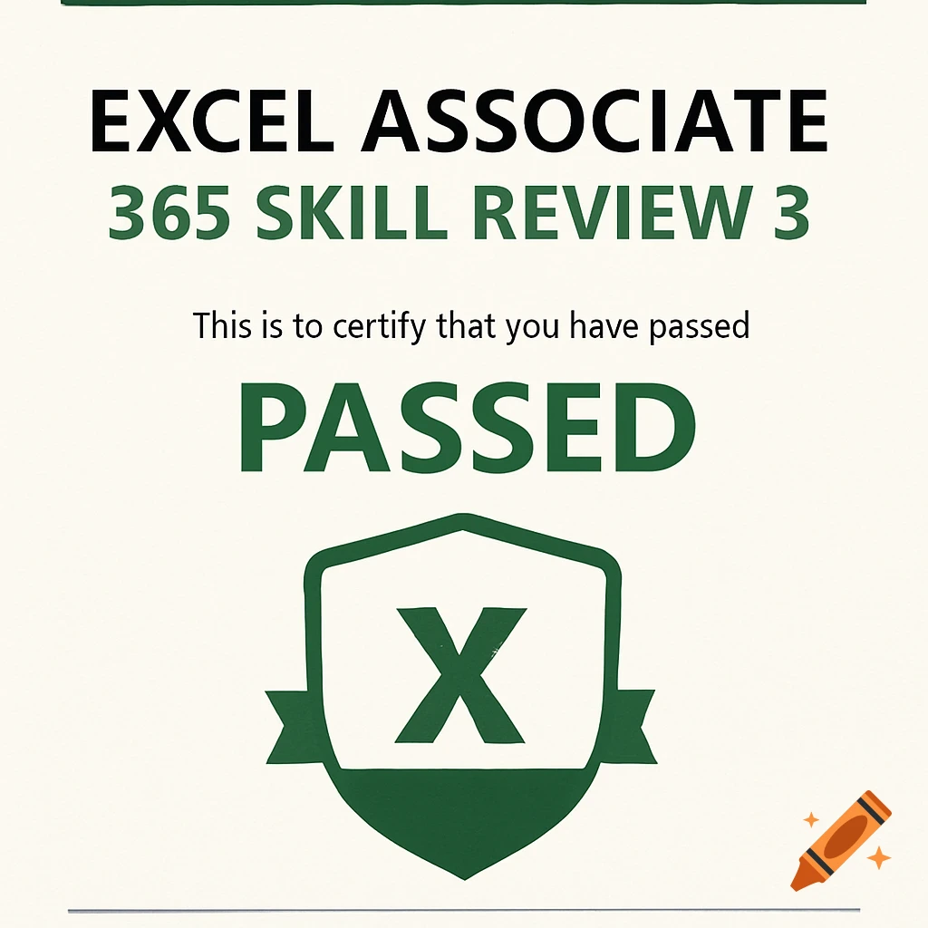 Certificate for passing Excel Associate 365 Skill Review 3, with ...