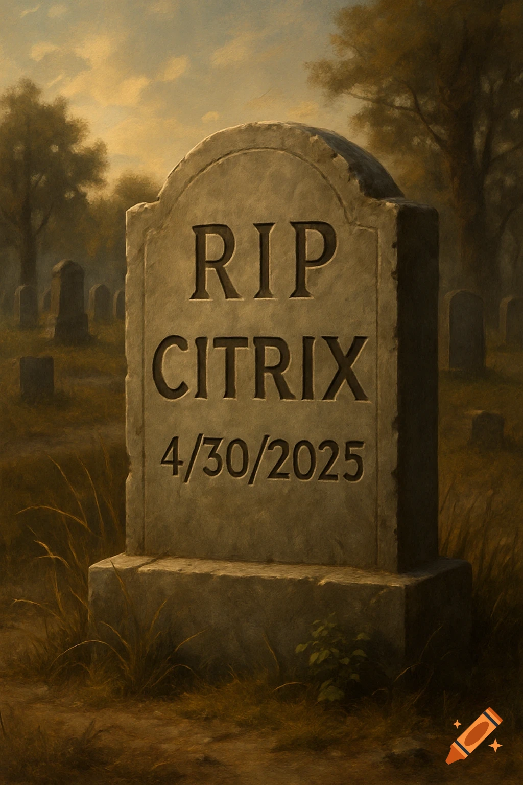 Tombstone in a graveyard with RIP CITRIX 4/30/2025 carved on it ...