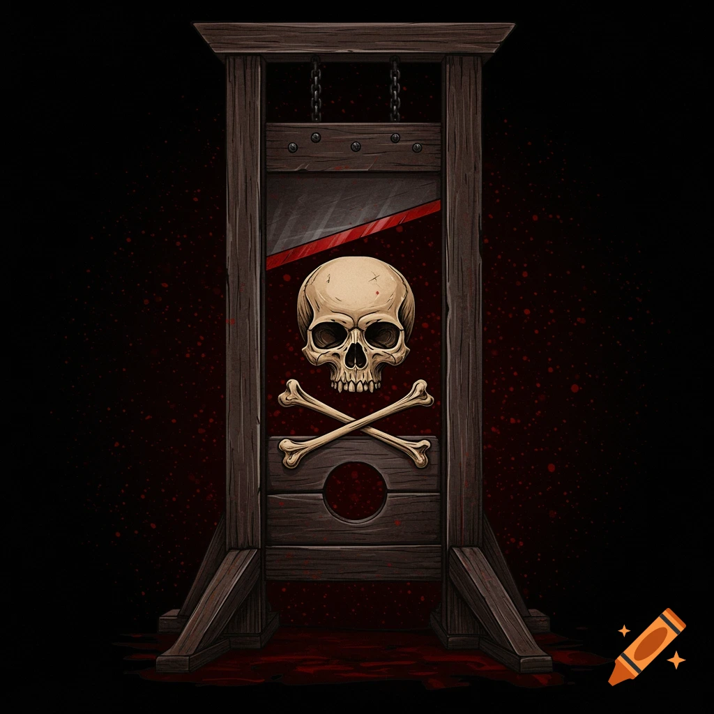 Stylized illustration of a guillotine with a skull and crossbones, red ...