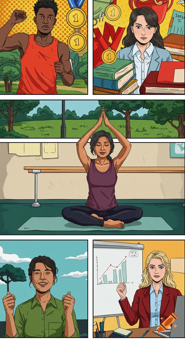 Comic strip panels showing people achieving goals in sports, academics ...