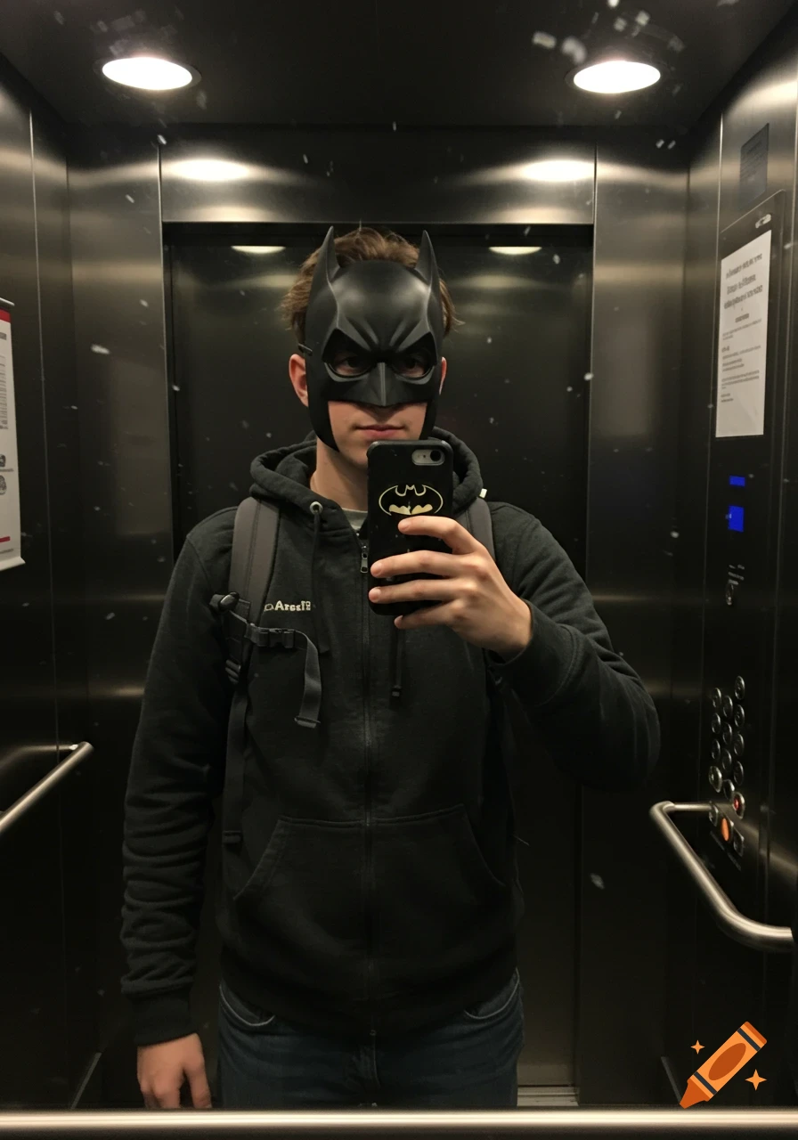 Person in Batman mask takes a selfie in elevator. on Craiyon