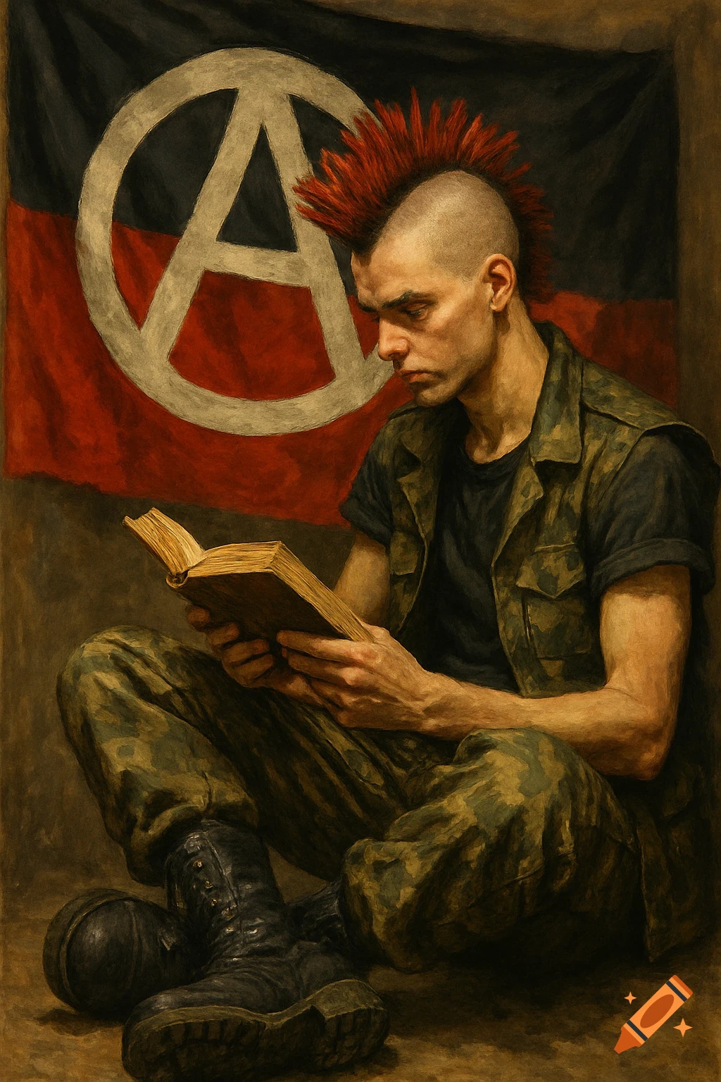 Punk man with red mohawk in camouflage sits reading a book with an ...
